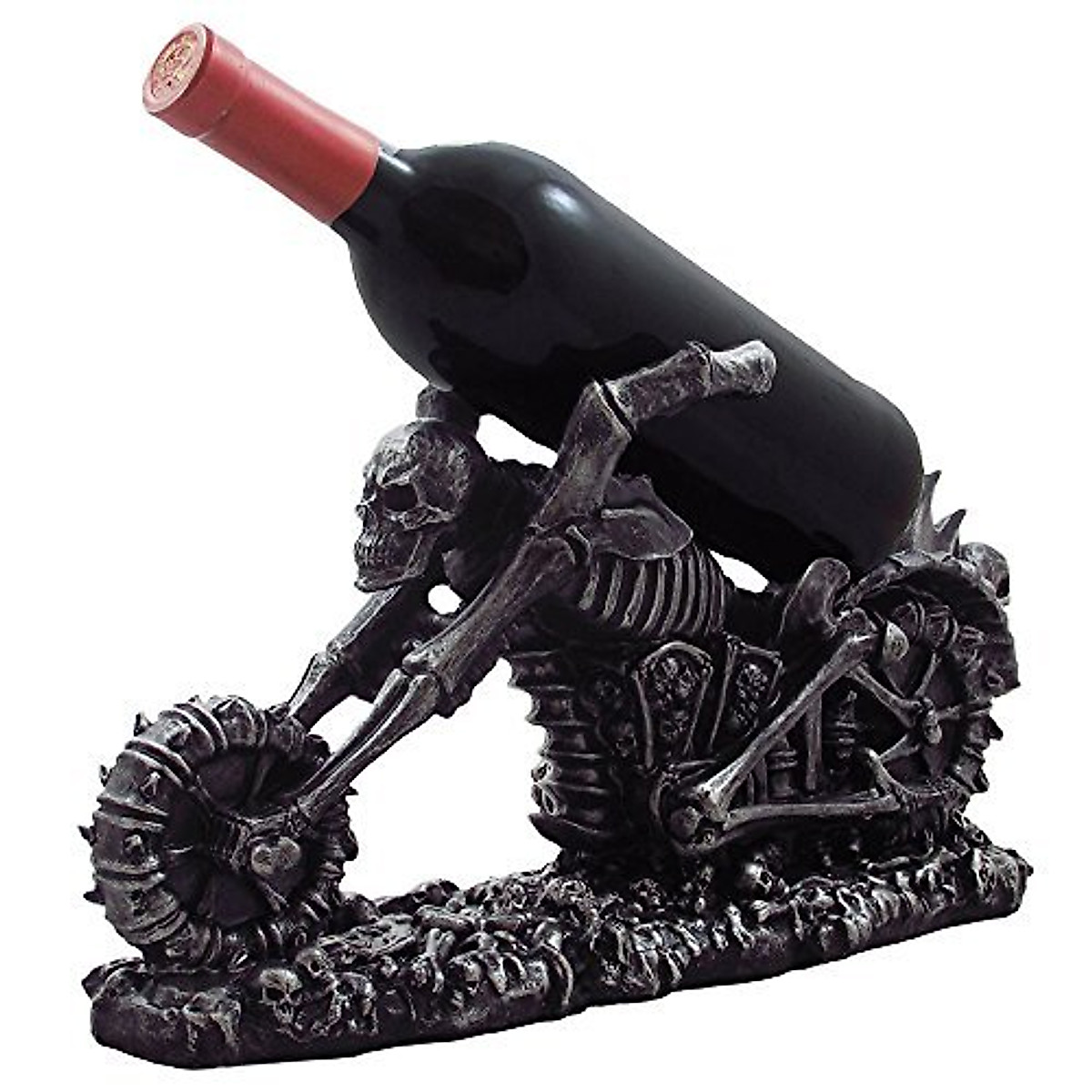 Graveyard Biker Skulls and Skeleton Motorcycle Wine Bottle Holder Sculpture for Medieval or Gothic Bar, Kitchen & Halloween Decor Statues and Fantasy Gifts