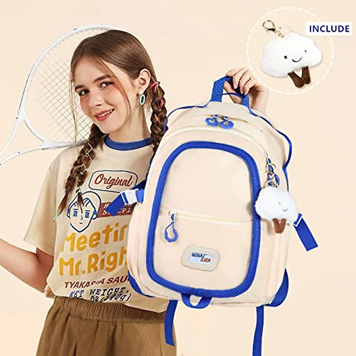 School Backpack for Girls,Girls Backpack with Cute Pendant,Kids School Bag,Aesthetic Backpack for Teen Girls for Elementary Middle School,Lightweight Bookbag for Girls,Kawaii Backpack for Girls(Blue)