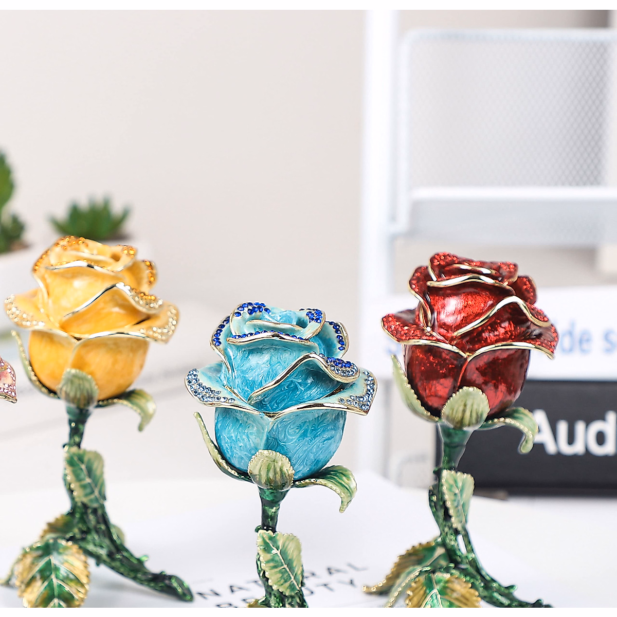 Wowagoga Mini Enamel Rose Hinged Trinket Box Rose Ring Box Small Bling Treasure Box Red Jewelry Box for Proposal Gift Home Décor, Rose Series,Blue