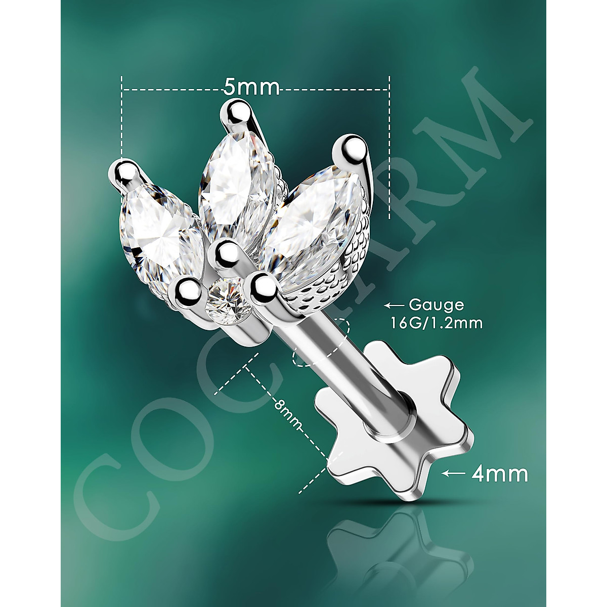 COCHARM 16g Marquise Flower Cartilage Earring Stud for Women Flat Back Cartilage Studs CZ Marquise Internally Threaded Conch Piercing Jewelry 16g Conch Studs