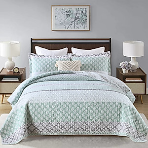 PERHOM Queen Size Quilt Set - 100% Long-Staple Cotton Floral Quilt, Reversible Patchwork Lightweight Comforter Bed Spread for All Season, Green/Gray