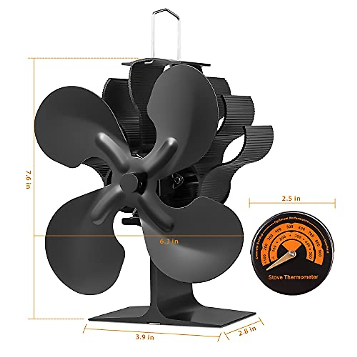 Slivek 4-Blades Fireplace Stove Fan with Thermometers, Silent Motors Heat Powered Wood Stove Fan Non-Electric with Thermometer for Wood Burning Stove, Pellet, Log Burner