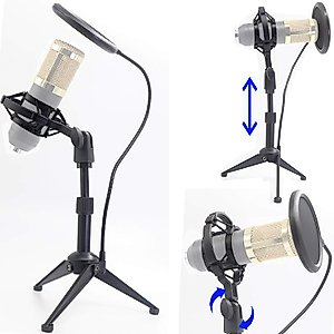 Desktop Microphone Tripod Suspension Stand with Shock Mount Anti-Vibration Mic Holder and 4" Round Mask Shield Double-Net Wind Screen Pop Filter (Large, Black)
