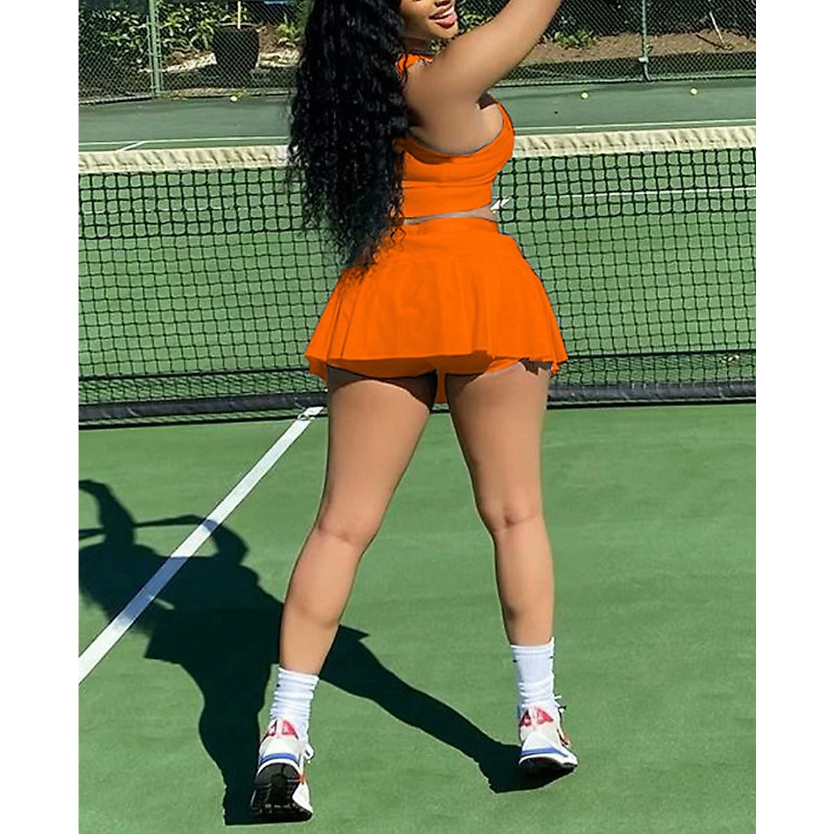 Sexy Sports 2 Piece Outfits - Slim Tank Crop Top High Waist Tennis Golf Pleated Skirt Bodycon Athletic Suit Orange M