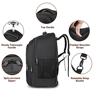 Rolling Backpack,Water Resistant Wheeled Travel Backpack,Laptop Backpack for Women Men,Carry on Luggage Backpack Fit 15.6 inch Notebook,Trolley Suitcase Business Bag College Student Computer Bag,Black