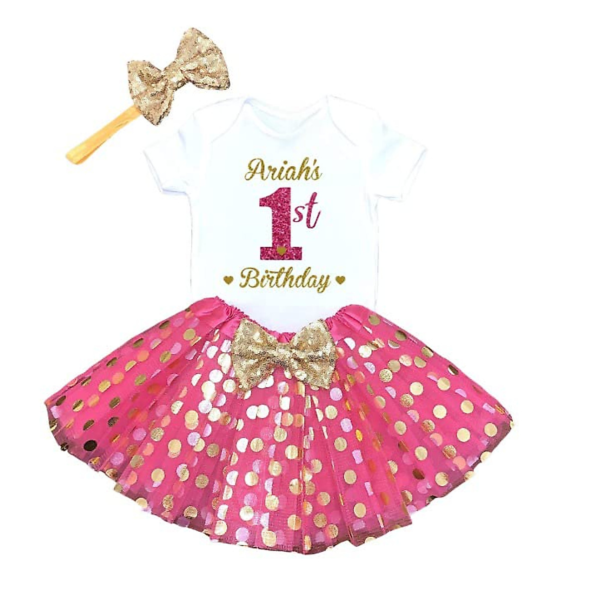 Funmunchkins Personalized 1st Birthday Girl Outfit, Hot Pink and Gold - 12M