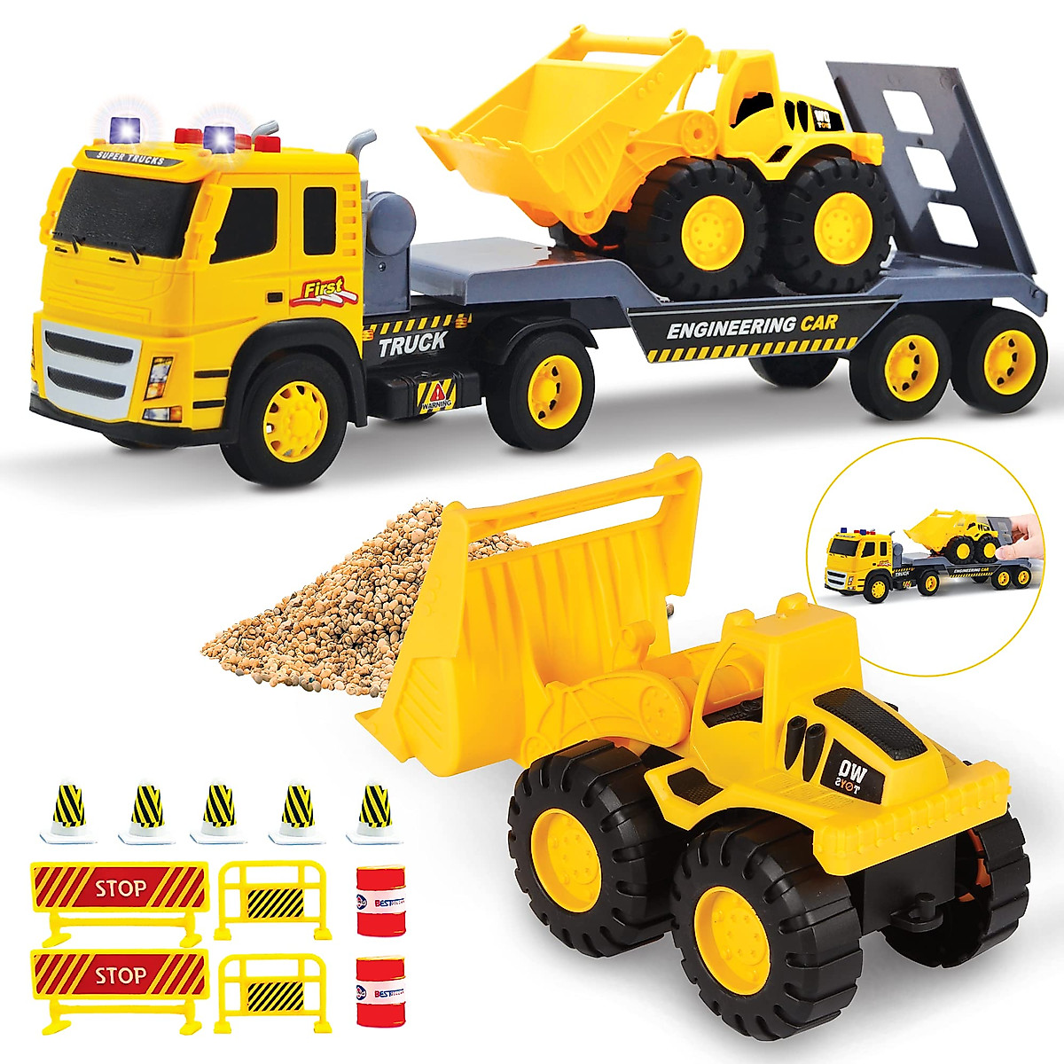 MOBIUS Toys Flatbed Truck with Excavator Tractor Toy - 1:12 Scale, Push and Go Construction Vehicle Playset, Lights & Sounds for Kids, Toddlers, Boys, & Girls Ages 3 4 5 Years Old