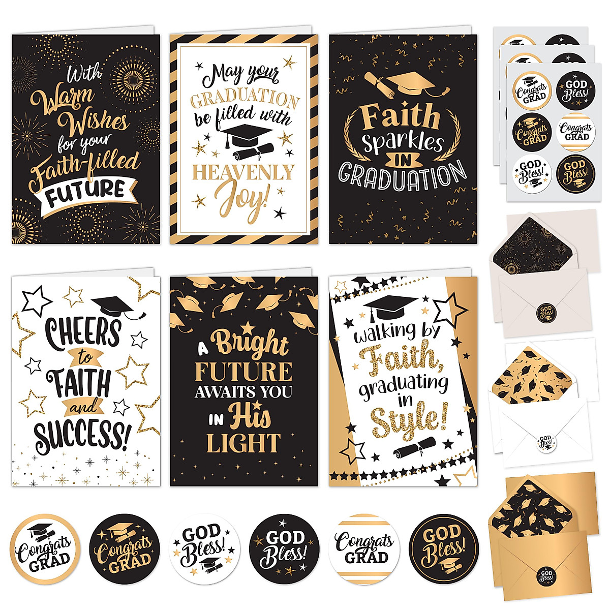 Decorably 18 Pack Gold-Foiled & Glittery Christian Graduation Cards Christian with Envelopes & Stickers - 6 Designs with Printed Message Inside 5x7in Religious Graduation Cards Religious