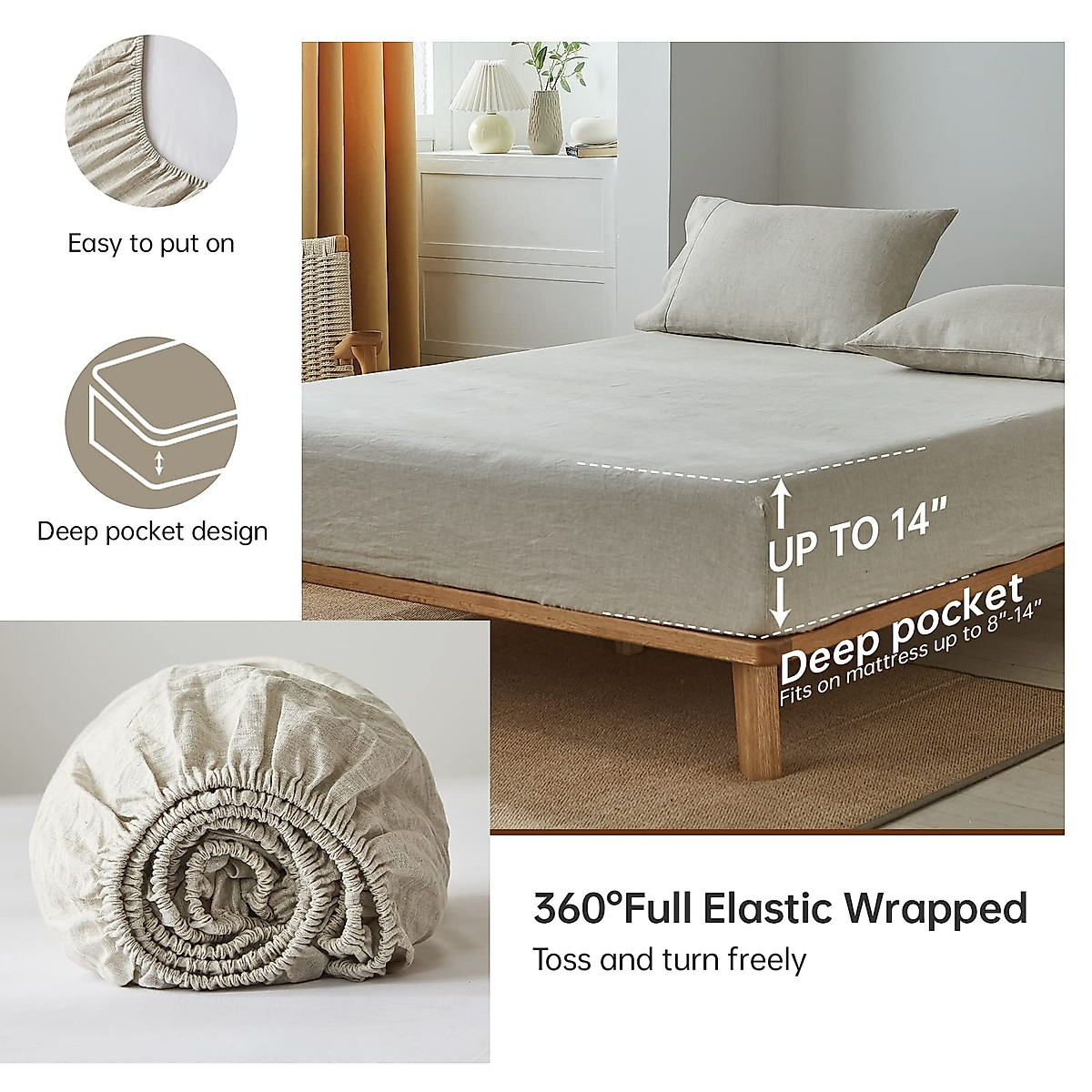 Simple&Opulence 100% Belgian Linen Sheet Set Handmade Hemstitch Linen Full Size Bed Sheet-4 Piece (1 Flat Sheet+1 Fitted Sheet+2 Pillowcases)-Natural Flax Farmhouse Bedding