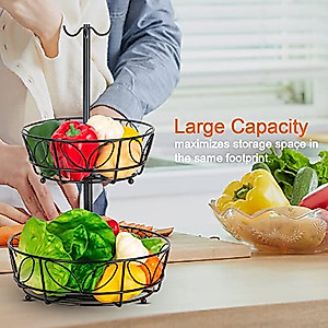 Auledio 2-Tier Countertop Fruit Vegetables Basket Bowl Storage With Triple Banana Hanger, Black