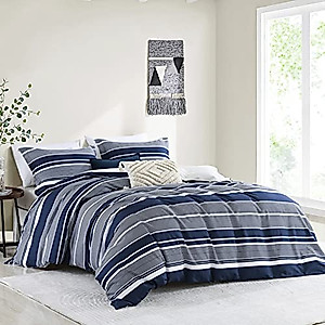 Duvet Cover Set - 100% Cotton,King Size,3 Piece Navy Striped , Simple Modern Farmhouse with Zipper Closure