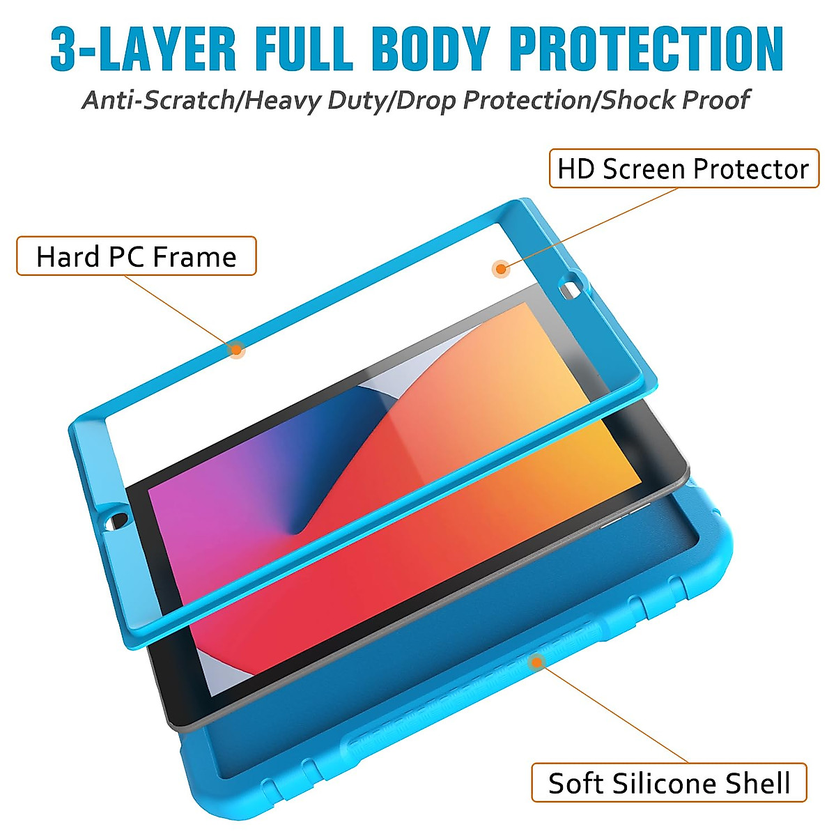 BMOUO iPad 8th/7th Generation Case for Kids,Built-in Screen Protector,Shockproof Case for New iPad 10.2” 2021/2020/2019 (8th Gen/7th Gen),Blue