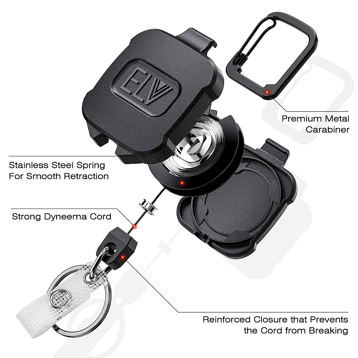 2 Pack ELV Self Retractable ID Badge Holder Key Reel, Heavy Duty, 32 Inches Cord, Carabiner Key Chain, Retractable Keychain Key Holder, Hold Up to 15 Keys and Tools (Black)