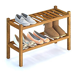 INTERBUILD Acacia Solid Wood Shoe Storage Organizer 2-Tier Stackable Shoe Rack, Golden Teak