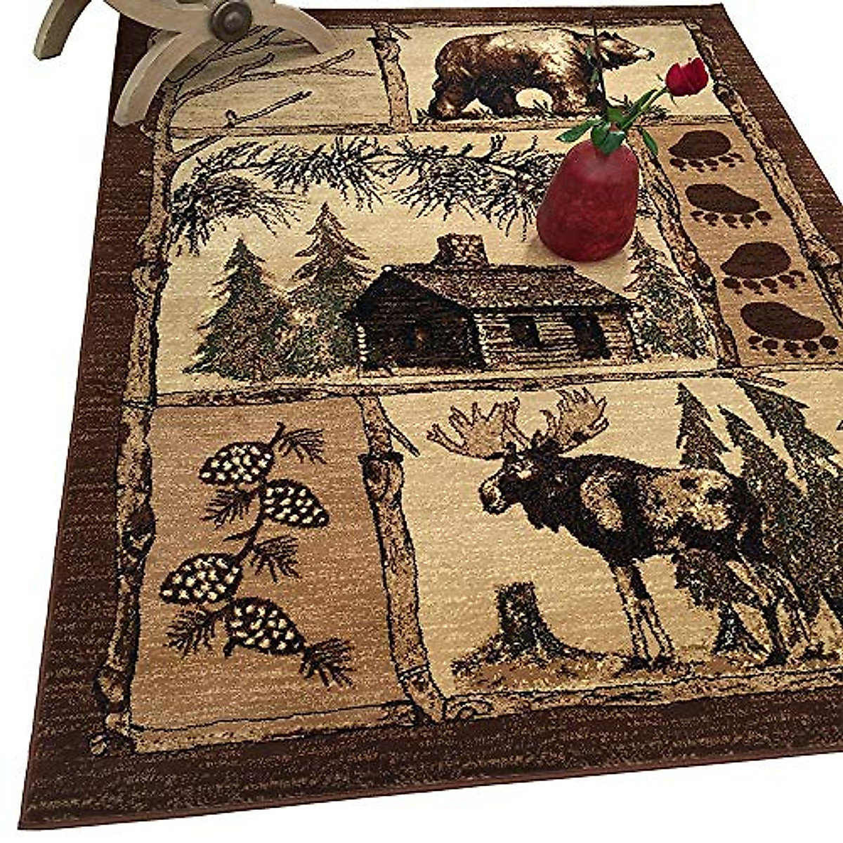 HR Cabin Rug–Lodge, Cabin Nature and Animals Area Rug–Modern Geometric Design Cabin Area Rug–Abstract, Multicolor Design– Moose/Bear/Lodge/Nature