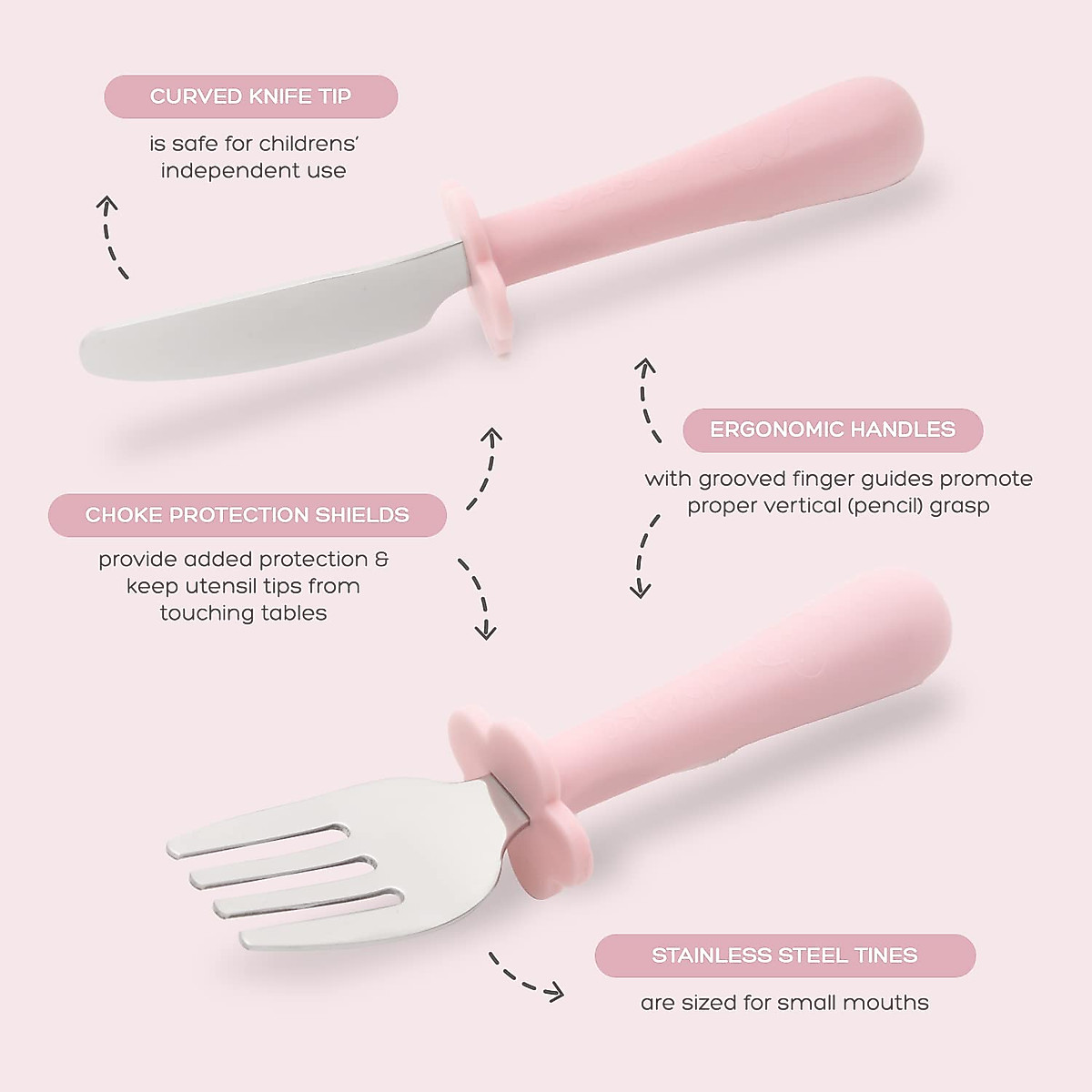 Grabease Toddler Silverware Set Forks Spoons and Knives Set Toddler Utensils Feeding Supplies, BPA and Phthalates-Free, Dishwasher Safe, Blush Pink