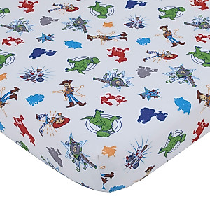 Disney Toy Story 4 - Blue, Green, Red & White 2 Pack Toddler Fitted Crib Sheet & Standard Size Pillowcase Set, Blue, Green, Red, White