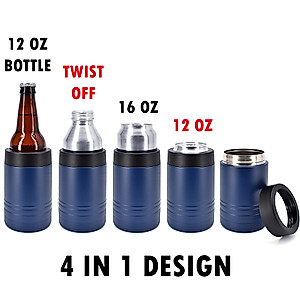 4-in-1 Stainless Steel 12 oz Double Wall Vacuum Insulated Can or Bottle Cooler Keeps Beverage Cold for Hours - Also Fits 16 oz Cans - Powder Coated Navy - Clear Water Home Goods
