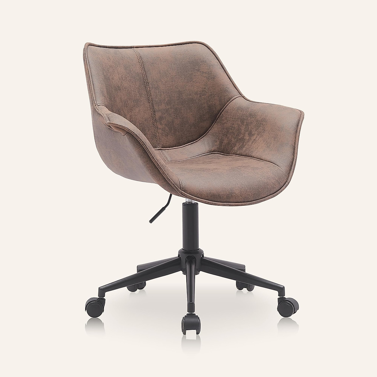 HOOLETE Vintage Faux Leather Desk Chair, Mid Century Modren Office Chair with Wheels, Ergonomic Computer Task Chair, Swivel Upholstered Vanity Chair with Arms for Makeup, Brown