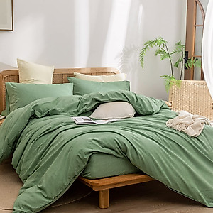 BESTOUCH Duvet Cover Set 100% Washed Cotton Linen Feel Super Soft Comfortable Chic Lightweight 3 PCs Home Bedding Set Solid Light Grass Green Full/Double