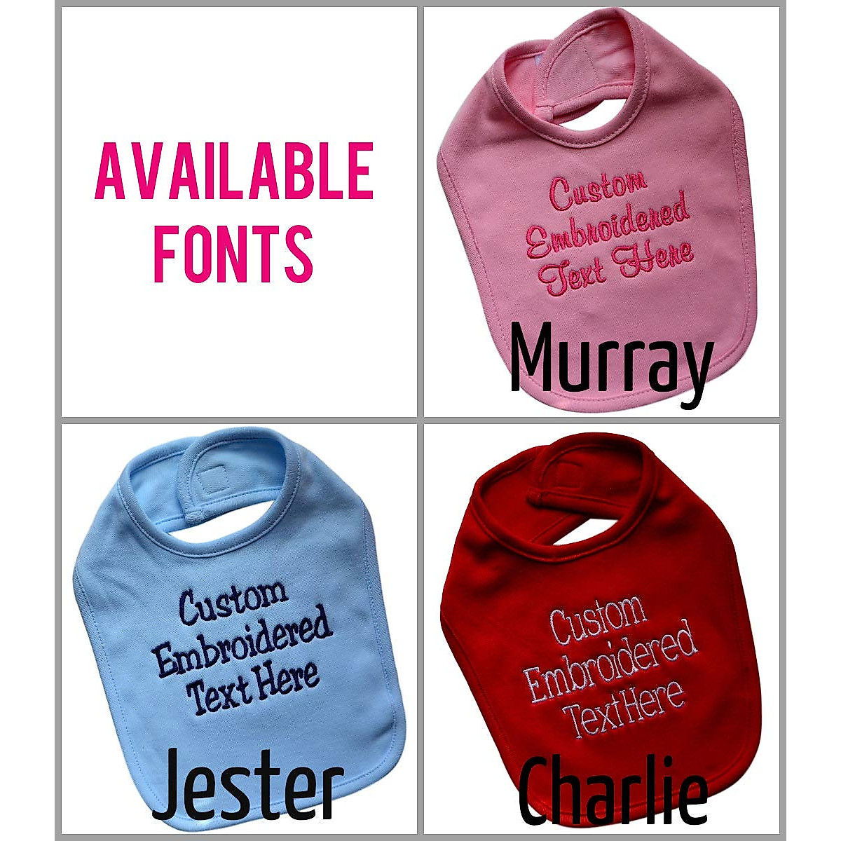Funny Girl Designs Personalized Baby Bib EMBROIDERED with Your Custom Text and Color 100% Cotton Unisex (GRAY BIB)