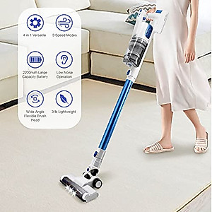 CARFARM Cordless Vacuum Cleaner, Stick Vacuum Cleaner, Handheld Vacuum Cleaner, 60 min Long Runtime Lightweight Stick Vacuum with Crevice Tool, Dusting Brush for Home, Carpet, Hardwood Floor (Blue)