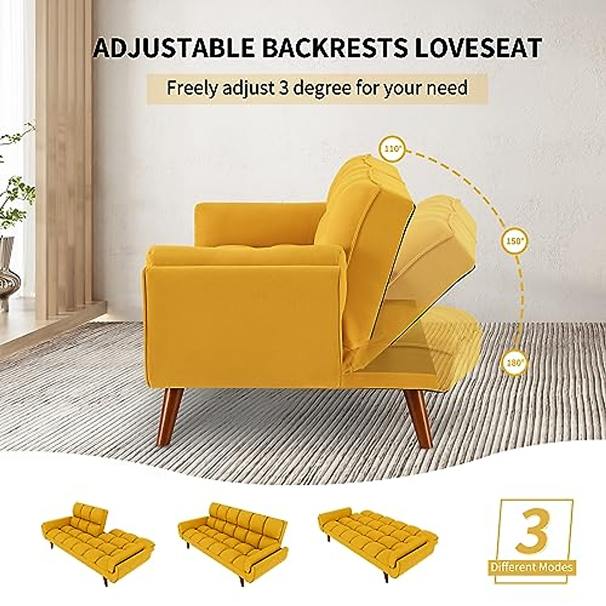 Homies Life Convertible Futon Sofa Bed, Linen Sleeper Couch, 75" W Modern 3 Seater Tufted Sofa with Adjustable Backrests and Soild Wood Legs for Living Room, Bedroom, Small Space, Yellow