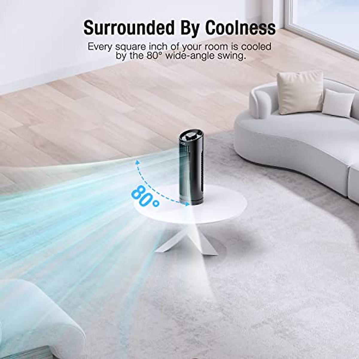 VCK Tower Fan, 80° Oscillating Fan, Portable Desk Fan with 3 Speeds, Quiet Cooling, 13 Inch Personal Small Bladeless Fan for Bedroom Home Office Desktop