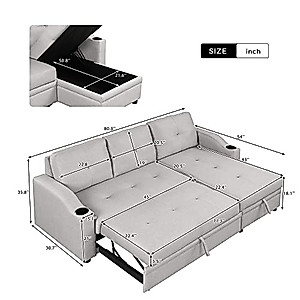 Verfur L Shaped Sectional Sofa with Pull Out Bed, Modern Button Tufted Convertible Sleeper Couch, Linen Fabric Upholstered 3 Seater Corner Sofa&Couch with Reversible Storage Chaise and Cup Holder