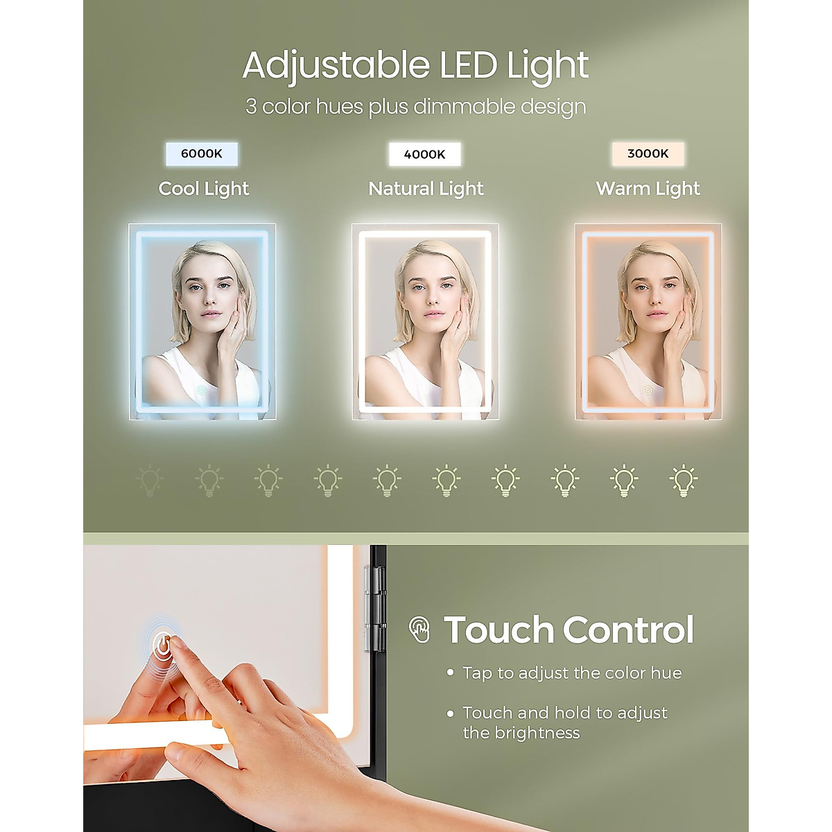 VASAGLE Vanity Desk with Power Outlets, Makeup Vanity with Mirror and Lights, Upholstered Vanity Stool, Dimmable LED Lights, 6 Compartments, 2 Drawers, for Bedroom, Ink Black URDT031B01