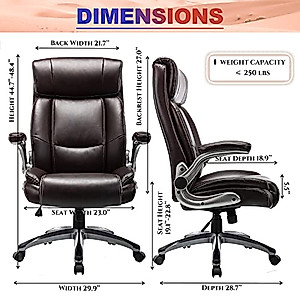 ICOMOCH High Back Office Chair with Flip-up Arms - Executive Computer Desk Chair with Adjustable Height Thick Padded Seat and Back Support Swivel Bonded Leather Task Chair for Home Office Work, Brown