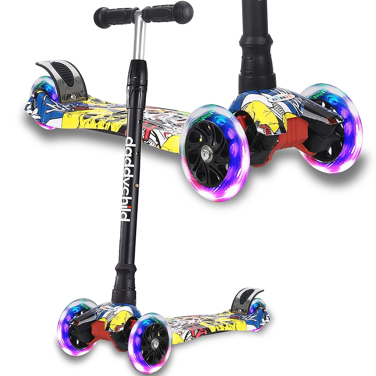 Scooters for Kids 3 Wheel Kick Scooter for Toddlers Girls & Boys, 4 Adjustable Height, Lean to Steer, Extra-Wide Deck, Light Up Wheels for Children from 3 to 14 Years Old (Pop Graffiti 2)