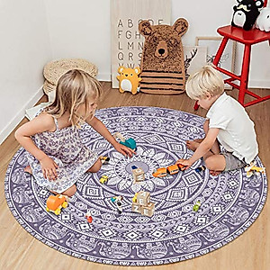 Olivefox Round Area Rugs Bohemia Style Mandala and Elephant Geometric Pattern Purple Super Soft Indoor Stain-Proof Carpet Floor Mat Anti-Skid Runner Rugs for Living Room Bedroom Dining Room, 3 Feet