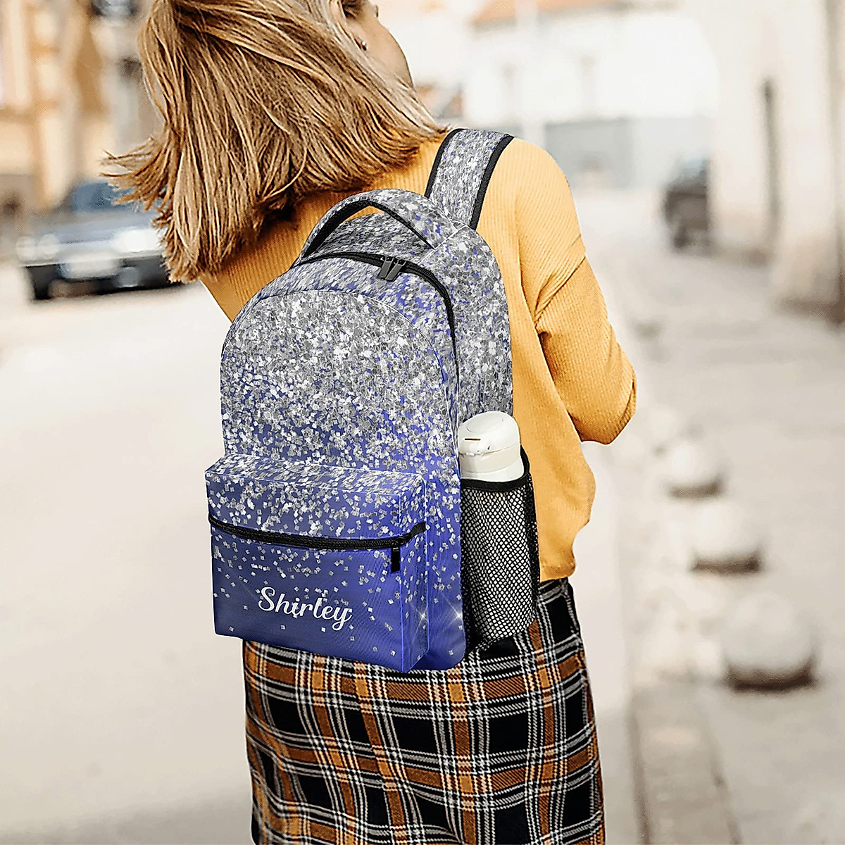 Navy Blue Print Personalized Student Backpack Waterproof Schoolbag Casual Travel Daypack with Name