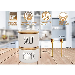 VICUKIE Farmhouse Salt And Pepper Bowls,Stacked Ceramic Salt Cellar With Bamboo Lid, Salt Container With Lid And Spoon, Modern Farmhouse Kitchen Decor, Salt Box, Spice Box (WHITE AND WHITE)