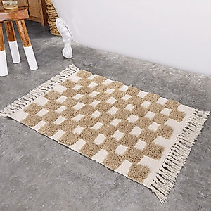 Lahome Checkered Boho Bath Mats, Neutral 2x3 Bathroom Rug Machine Washable Tufted Throw Rugs with Tassels, Fluffy Farmhouse Area Rug Non-Shedding Cotton Carpet for Bedroom Dorm, Khaki