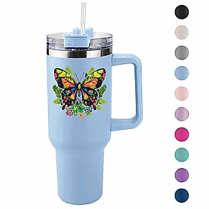LB LEOBON 40 ounce insulated cup with handle, double-layer vacuum stainless steel material, equipped with straw, can keep warm or maintain cold drinks Butterfly Flowers 2 wathet