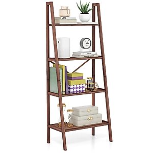 Giantex 4-Tier Bamboo Bookshelf, Indoor Free Standing Plant Stand Display Rack w/Anti-Tipping Device, Corner Bamboo Ladder Shelf for Small Space, Living Room, Kitchen, Bedroom, Office, Walnut