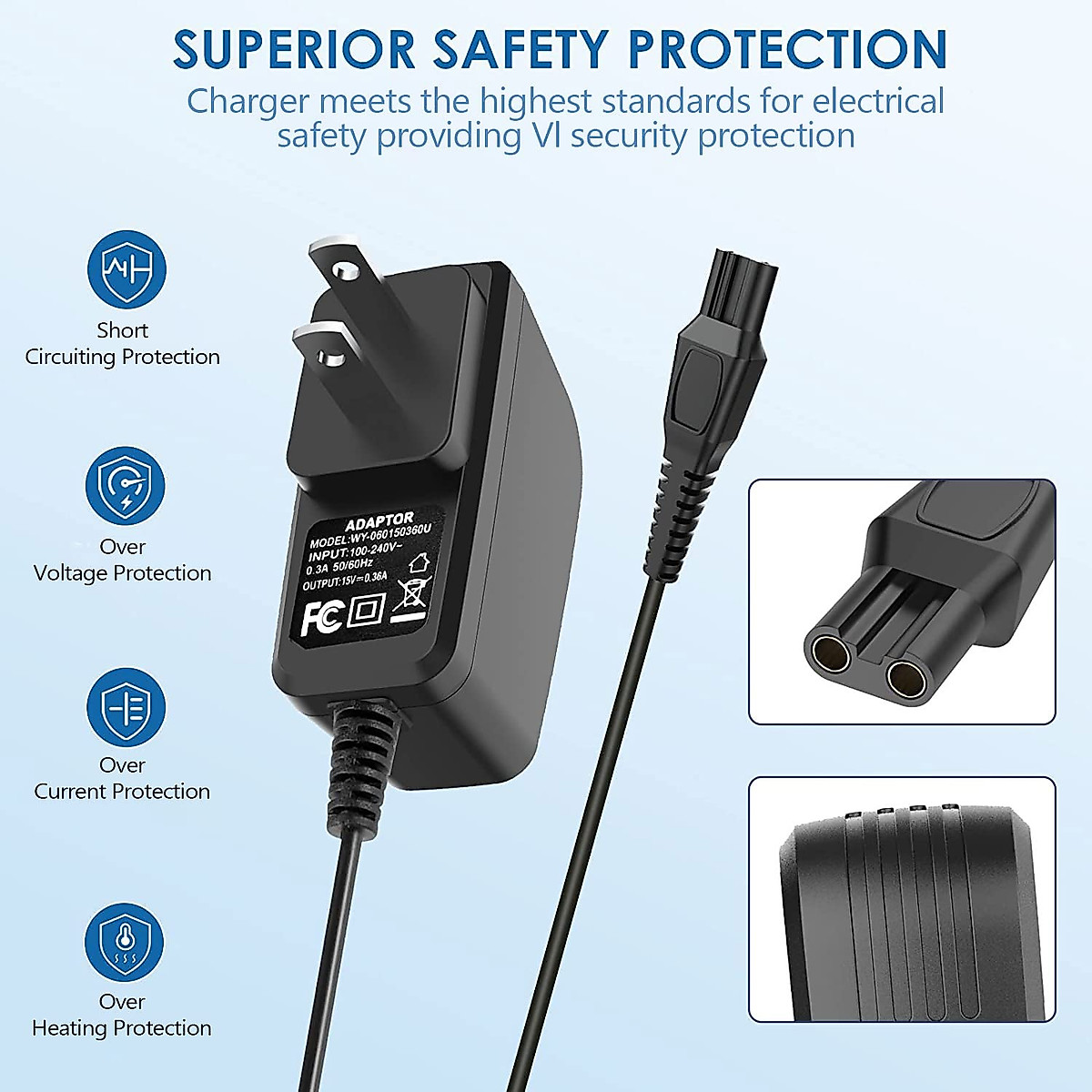 Charger Cord Fit for Philips Norelco HQ8505 Norelco 7000 5000 3000 Series mg5750 mg7790 Electric Shaver Adapter Power Supply Charging Cord (15v Charger)