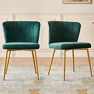HAIZAO Modern Green Velvet Dining Chairs Set of 2, Curved Backrest Upholstered Kitchen Dining Room Chairs, Mid-Century Dining Chair with Golden Metal Legs