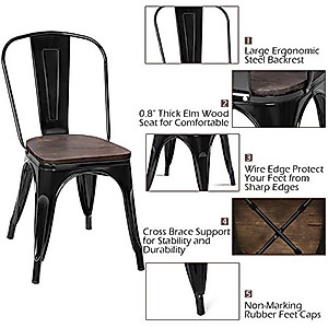 COSTWAY 18 Inch Dining Chair Set of 4, Industrial Vintage Stackable Metal Stools, Counter Bar Stools with High Backrest, Wood Seat, for Home, Kitchen and Cafe Bar Use