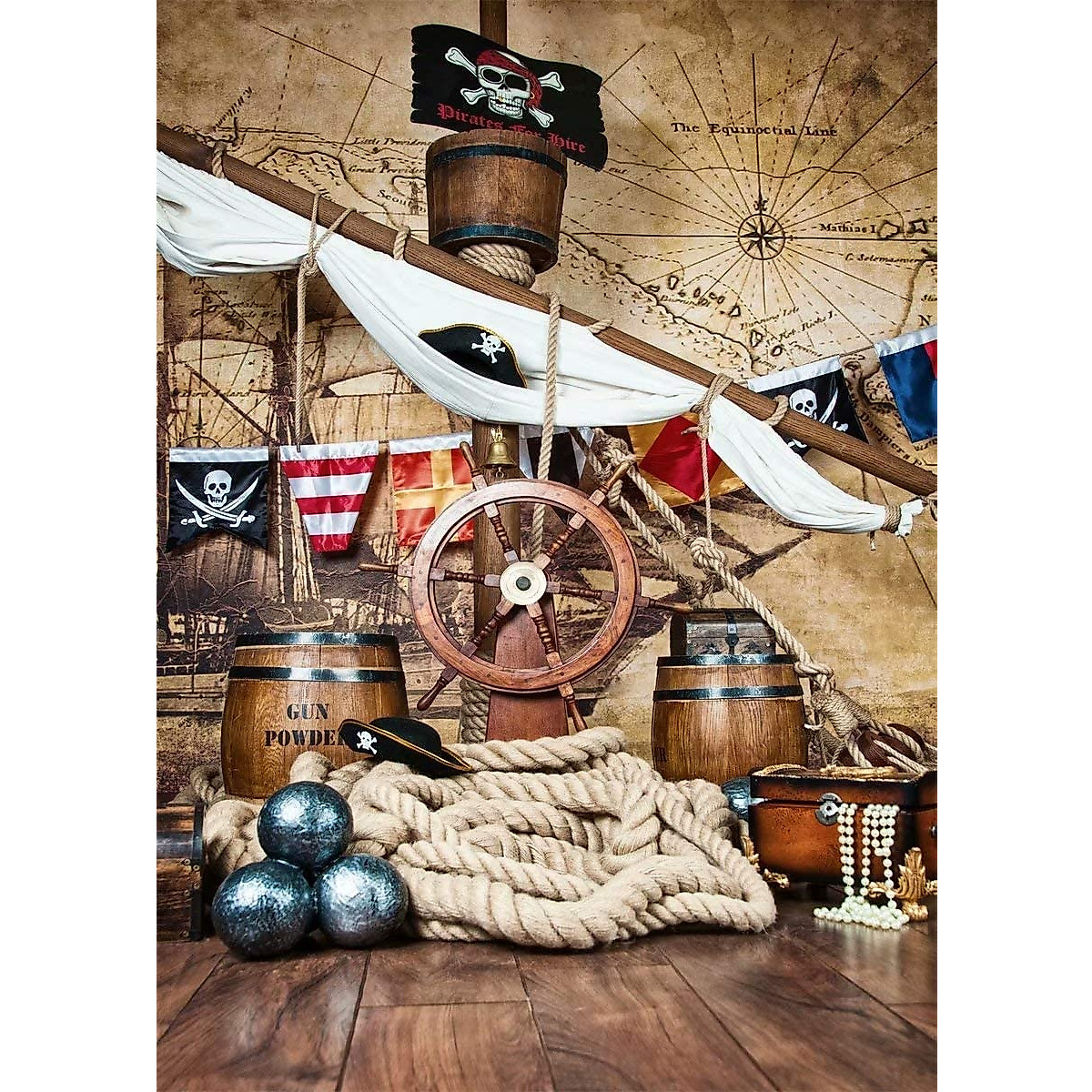 BELECO 5x7ft Fabric Pirate Backdrop Pirates Ship Deck Steering Wheel Skull Flag Halloween Pirate Photography Background Pirate Theme Party Decorations Kids Boy Adult Birthday Baby Shower Photo Props