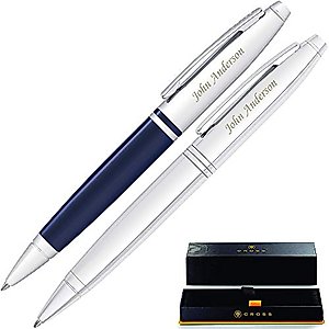 Dayspring Pens Engraved Cross Pen Set | Personalized Cross Calais Gift Double Gift Pen Set 1 Lustrous Chrome and 1 Blue Lacquer and Chrome Pen. Custom Engraved