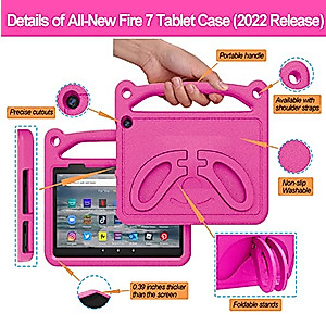 All-New Fire 7 Tablet case(2022 Release),Fire 7 Tablet case for Kids, Riaour Light Weight Shockproof Kid-Proof Protective Cover with Handle Built-in Foldable Kickstand for Amazon fire 7 Tablet,Rose