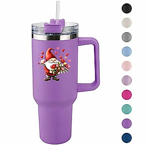LB LEOBON 40 ounce insulated cup with handle, double-layer vacuum stainless steel material, equipped with straw, can keep warm or maintain cold drinks Red Love Gnome E Deep purple