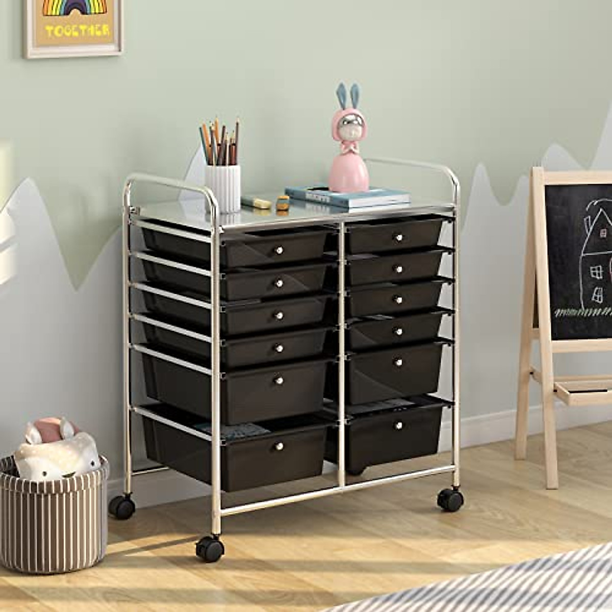 Giantex 12-Drawer Rolling Storage Cart, Multipurpose Movable Organizer Cart, Utility Cart for Home, Office, School (Black)