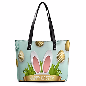 Womens Handbag Happy Easter And Eggs And Bunny Ears Leather Tote Bag Top Handle Satchel Bags For Lady
