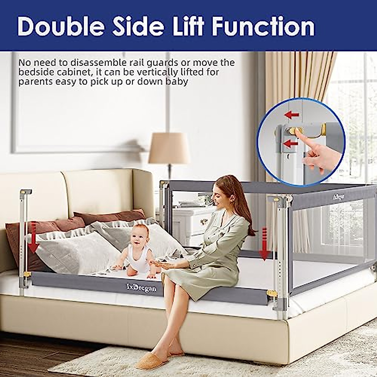 Ixdregan Bed Rail for Toddlers - Double Side Lift and Adjustable Height Bed Rails for Queen Bed, Safe & Nature Fiber Material Washable, Fits for Full-Size Bed Rail for Baby (Grey, 1 Piece, 78.7‘’)