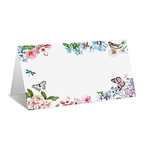 Place Cards for Butterfly Floral Party, Editable Name Place Cards, Seating Place Cards for Tables, Tent Style Cards for Wedding, Bride & Baby Shower, Easy Folding, Pack of 25 Escort Cards(B08)