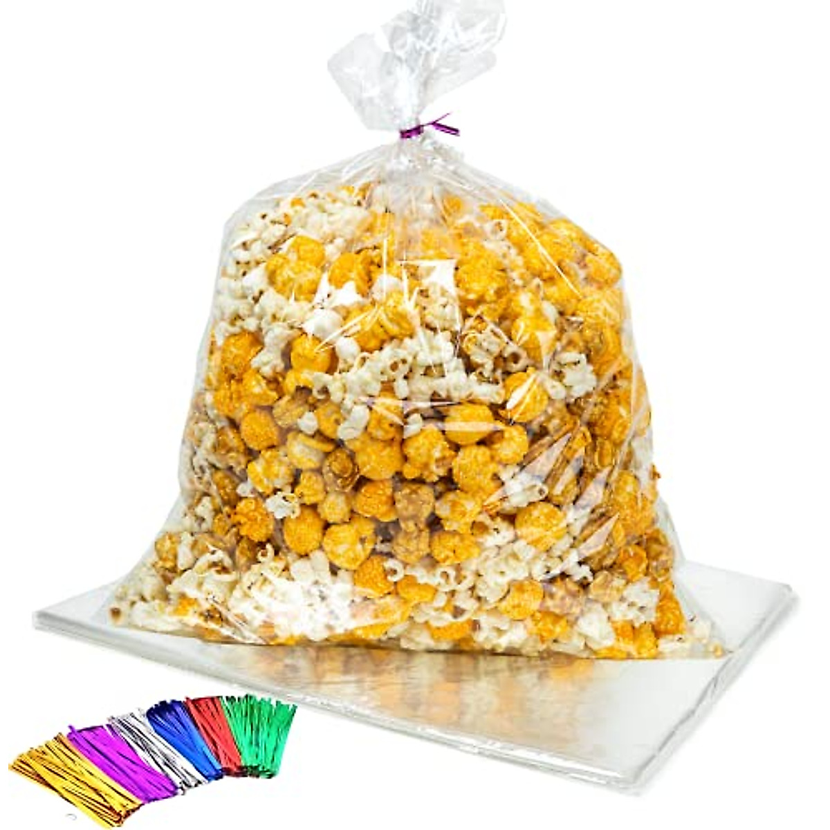 TATTI 100 Pack Clear Plastic Large Cellophane Bags 12x16 With 4inches Twist Ties, Plastic Cello Bags 1.4 mils for Cookies Candy Gift Birthday Party Favor (Pack of 100)